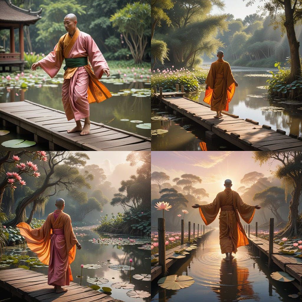 Cambodian Monk Levitates Above Pink Water Lilies i... - AI Art
