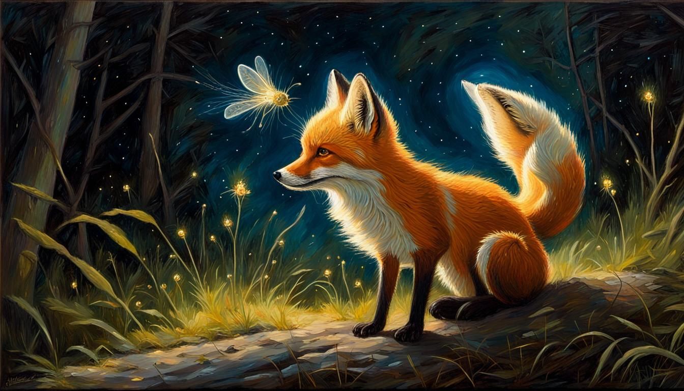 The fireflies showed little cute fluffy fox how they shared moments of ...