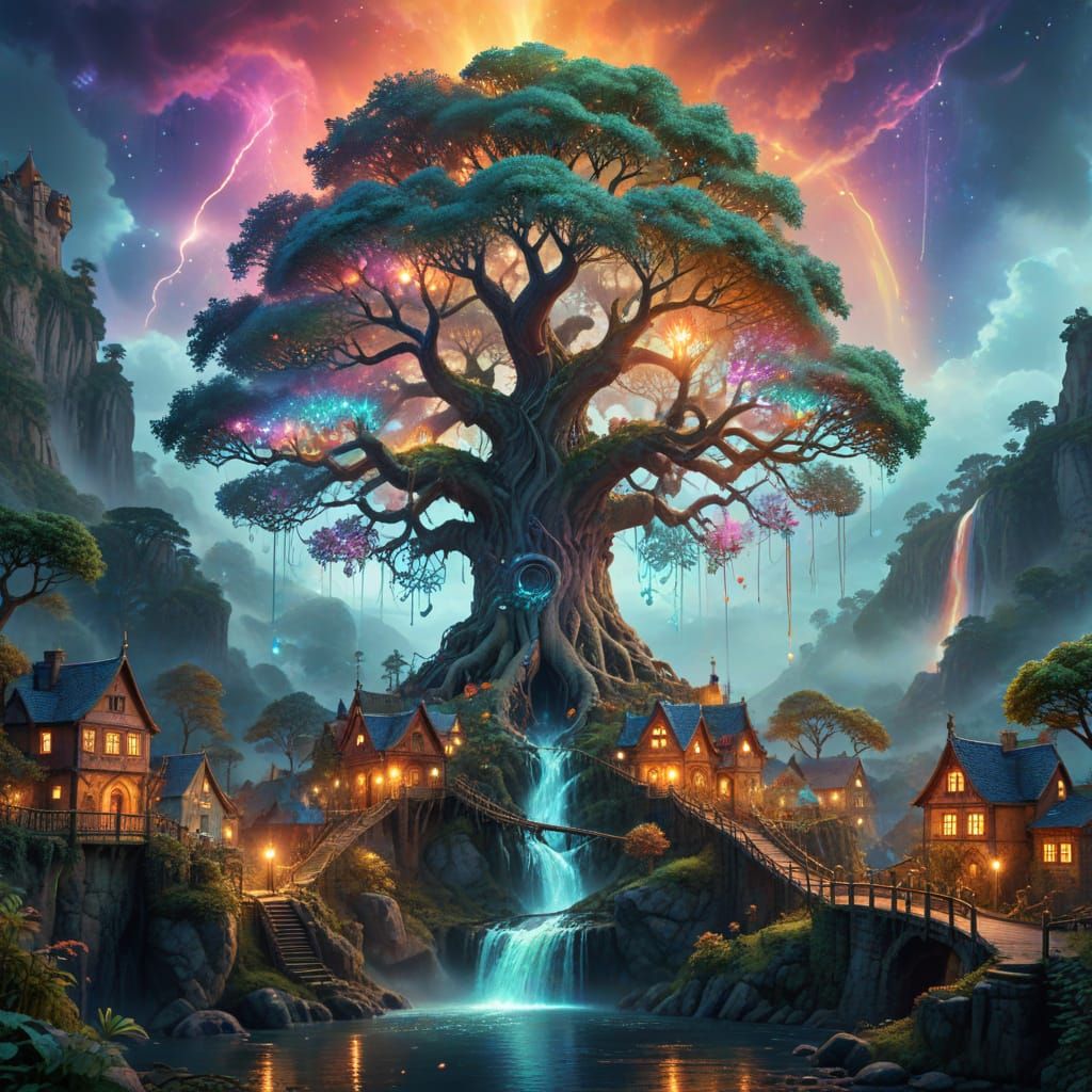 Whimsical Fantasy World Tree with Vibrant Watercol... - AI Art