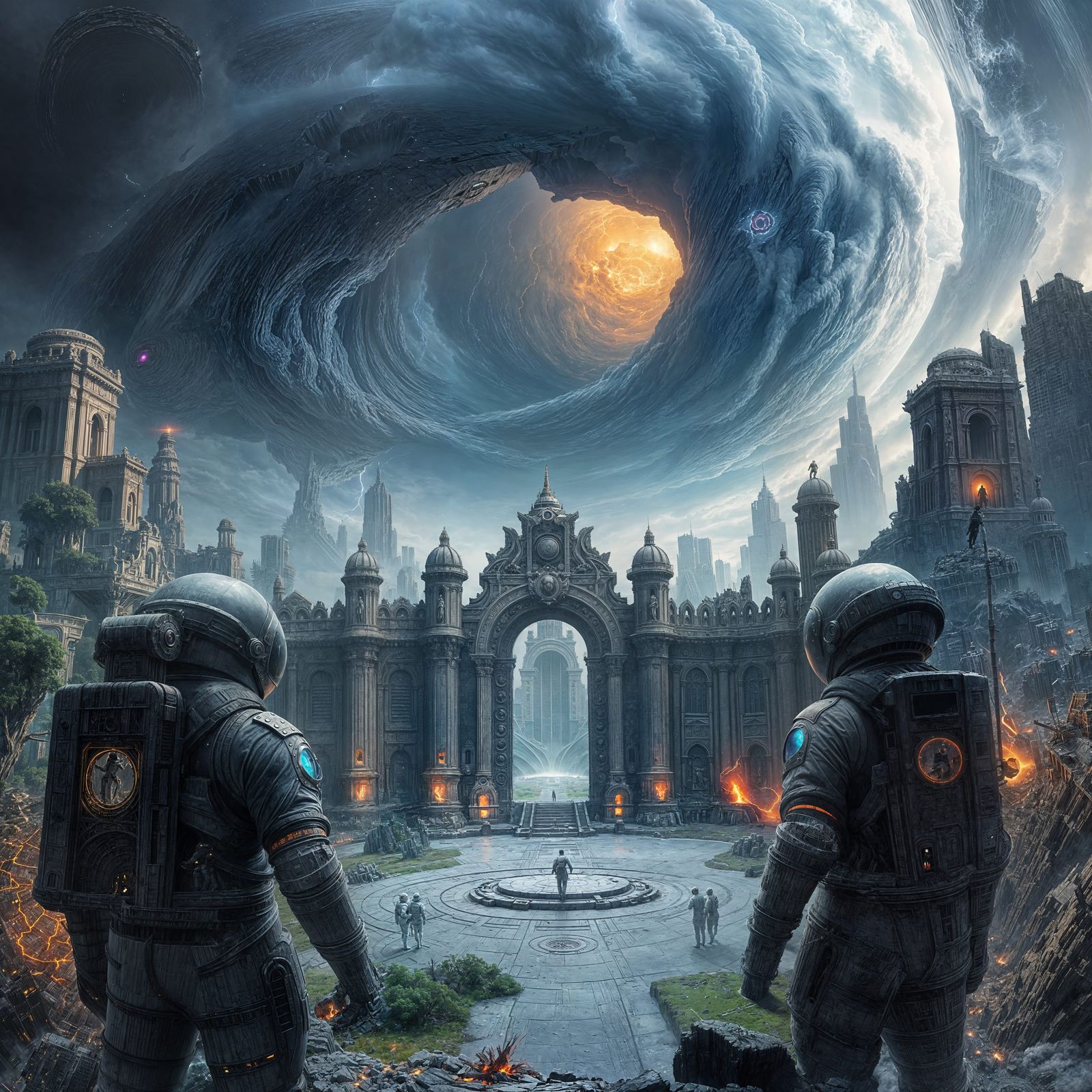 Cosmic Encounter: Ancient Ruins and Infernal Storm - AI Art