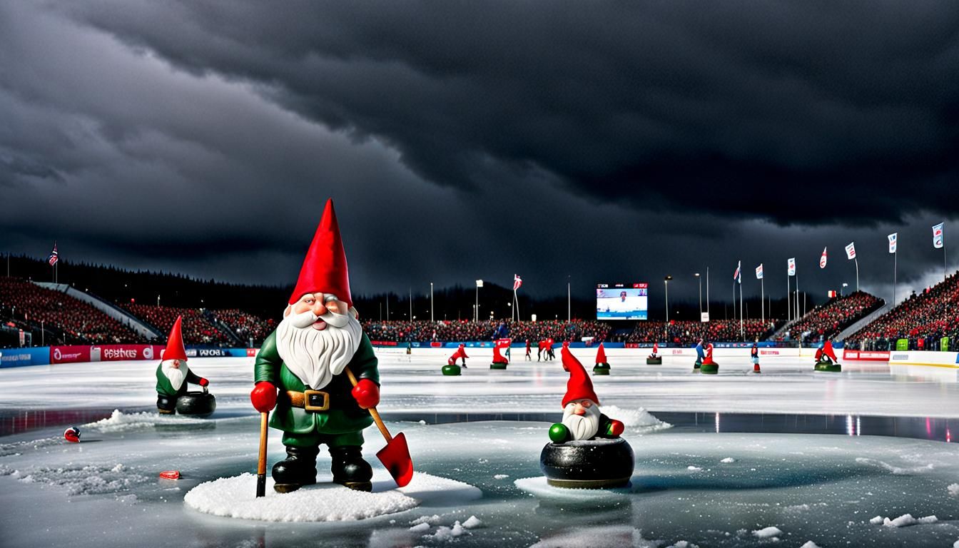 Norwegian gnomes curling on a frozen pond under stormy skies athletic ...