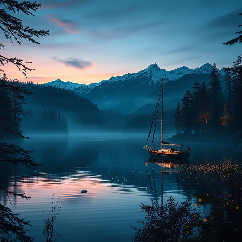 Vacation spot - Epic Twilight Lake Scene with Sailing Boat a...