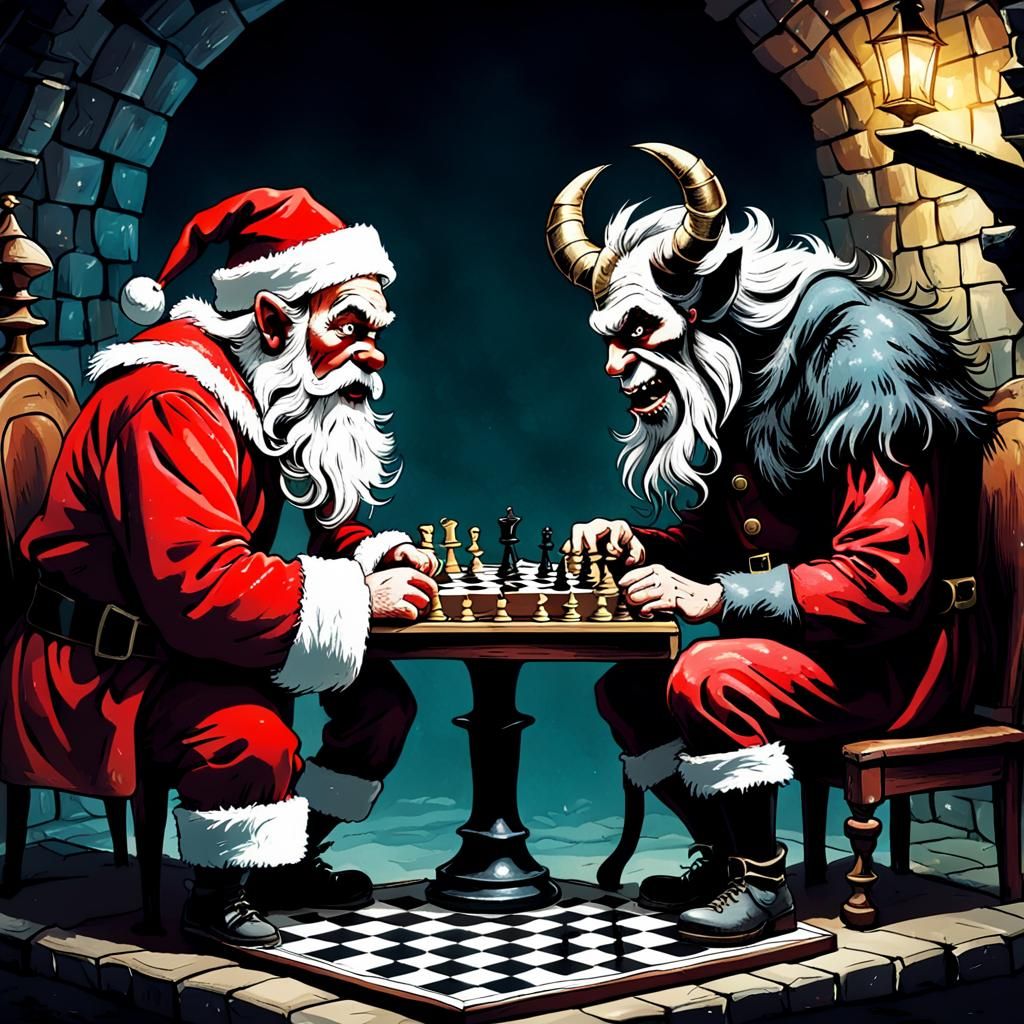 Santa Claus and Krampus playing chess storybook illustration ...