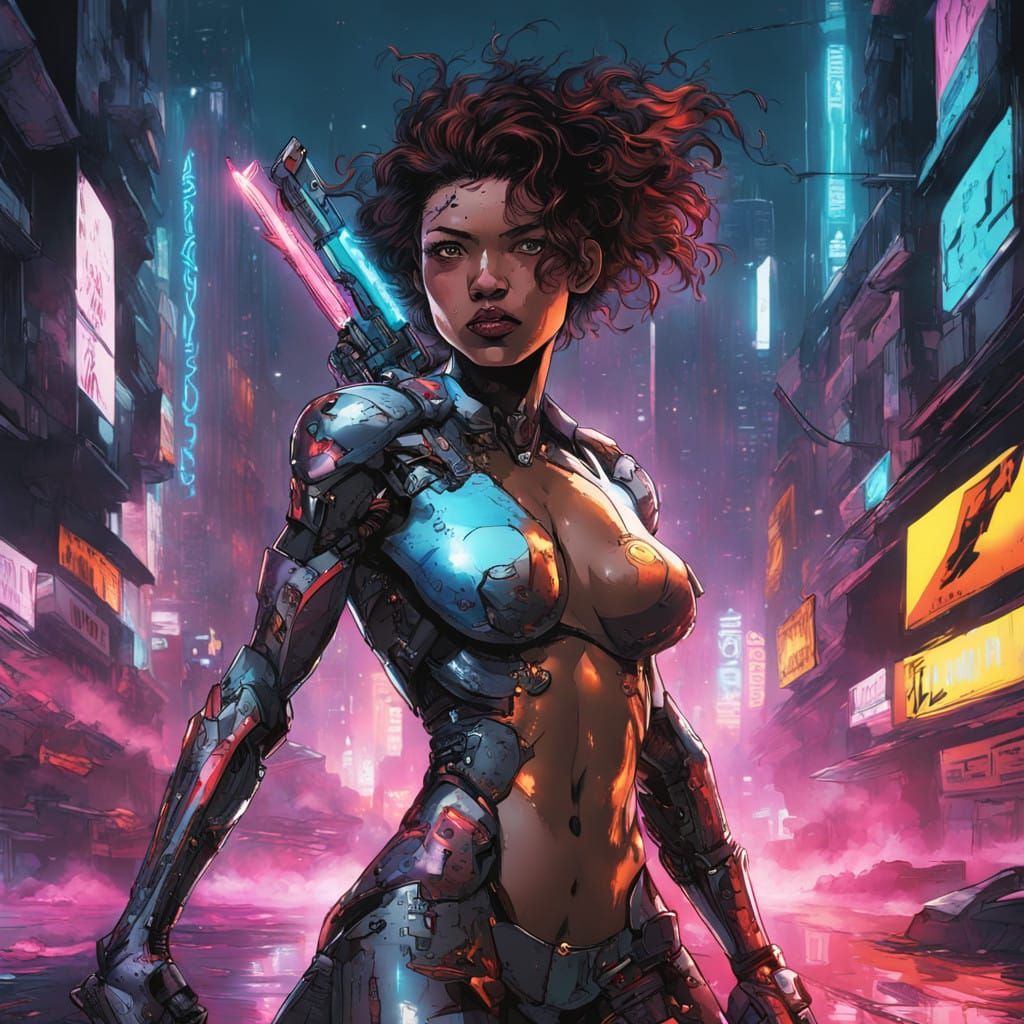 A masterpiece by Yuko Shimizu and Liam Wong and Conrad Roset :: female cyberpunk cyborg hunter ...