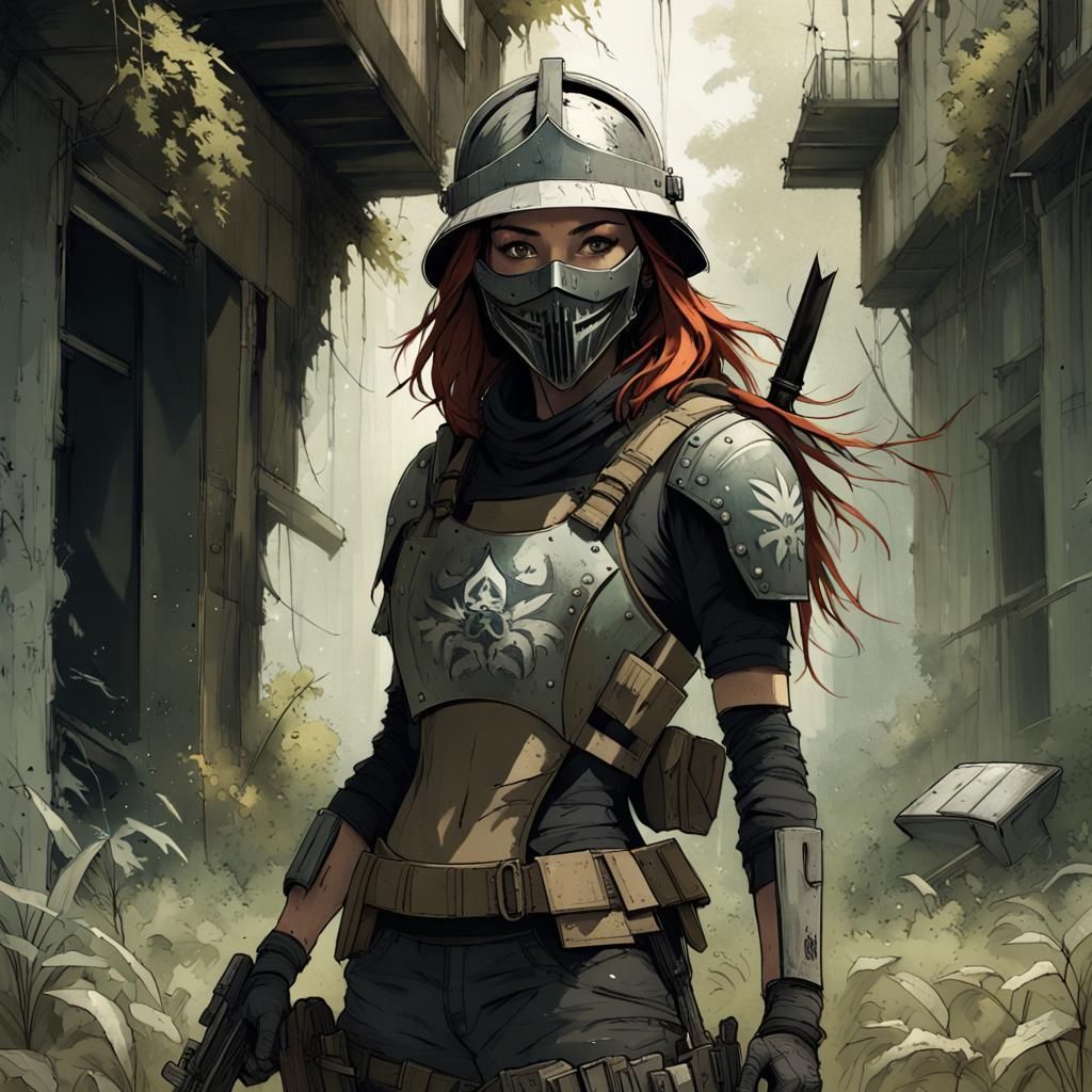 female post-apogalyptic raider wearing grungy battle armour and "guy ...