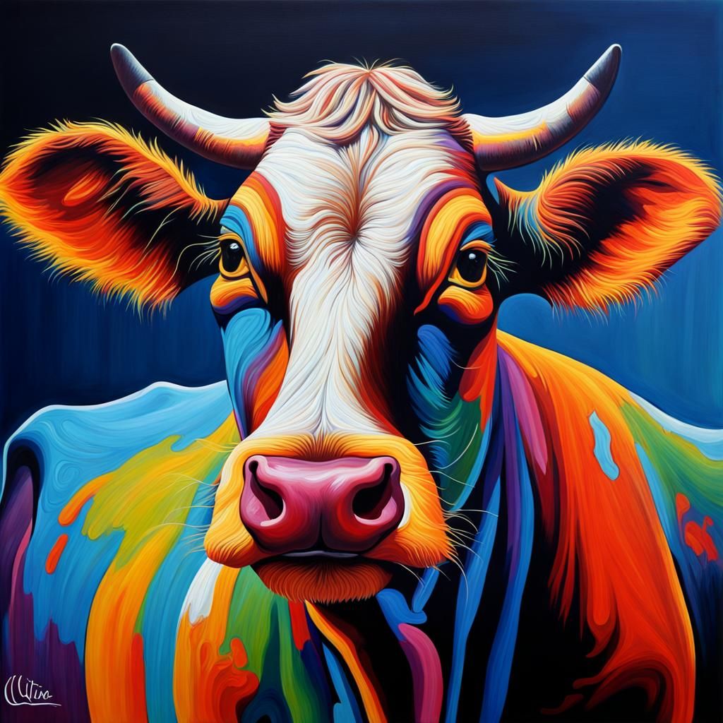Oil painting cow, hopeful, colorful, Atmospheric, perfect composition ...