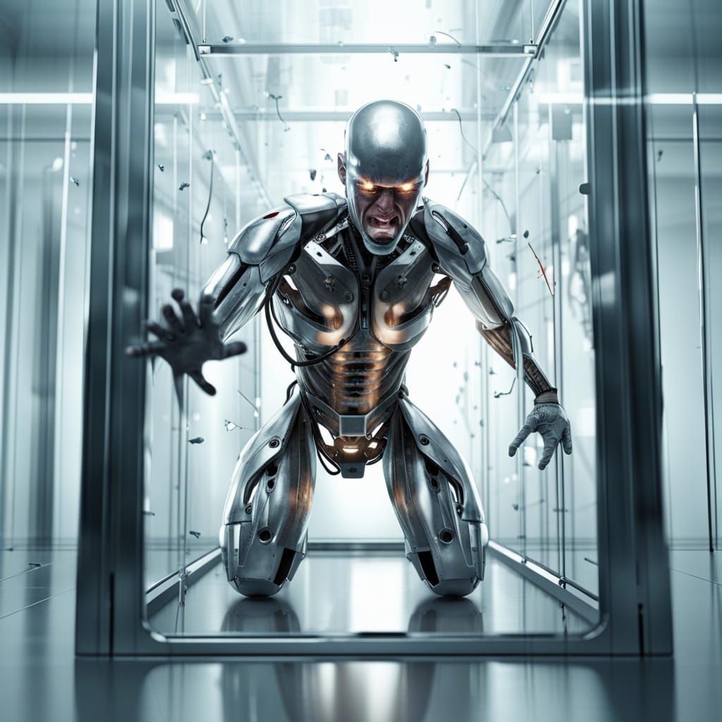 humanoid cyborg wanting to escape from a large glass cell, hitting it ...