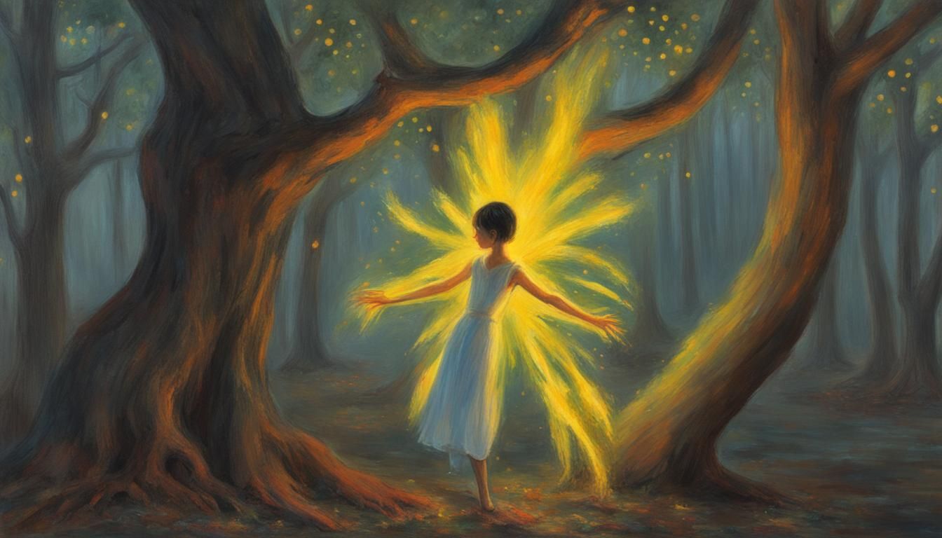 demon girl pushes down a tree. fireflies are everywhere. demon boy on ...