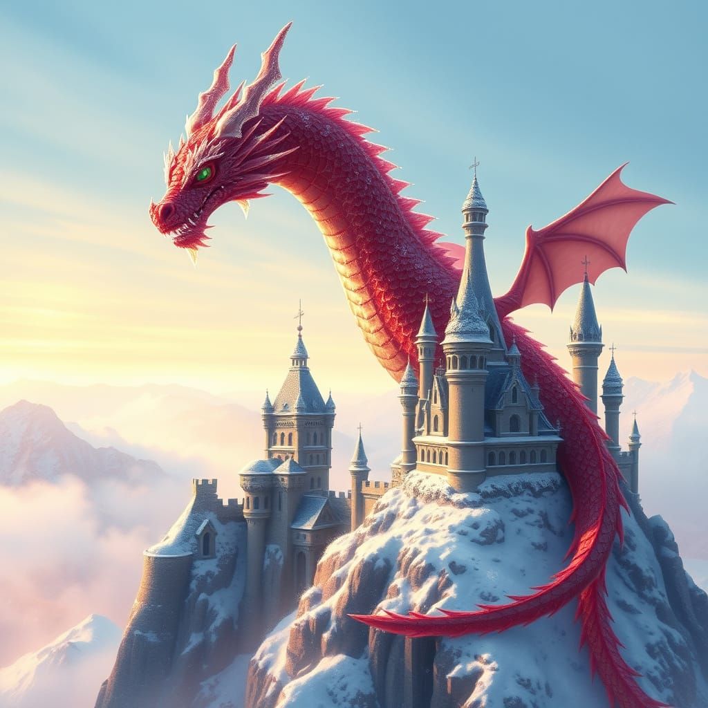 Majestic Crimson Dragon atop Icy Castle on Snow-Ca... - AI Art