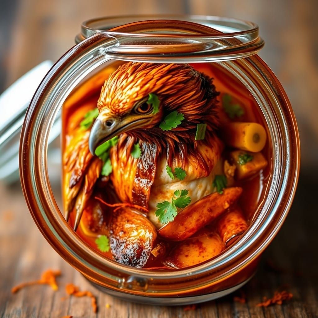Roasted hawk with saffron, fennel and cilantro in a glass jar