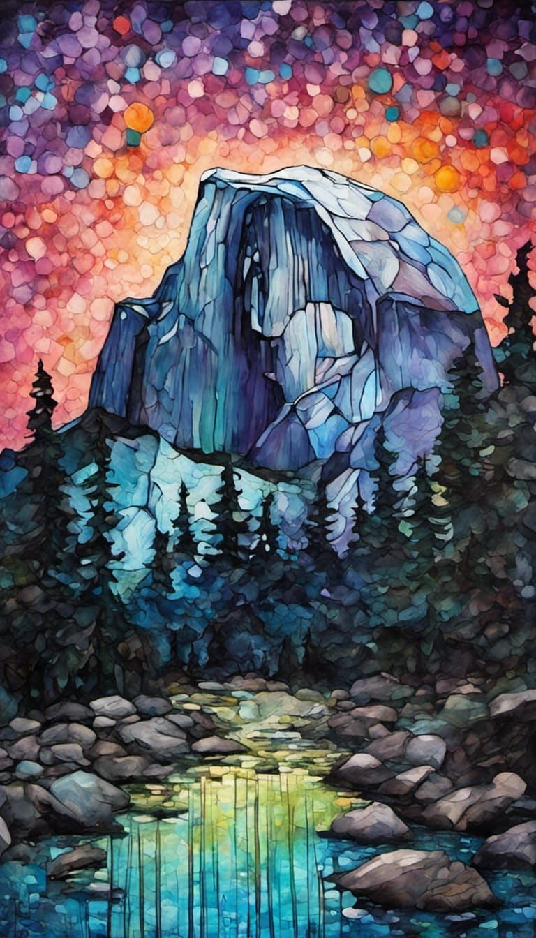 alcohol ink art :: Half Dome :: rock wall face :: starry night black ...