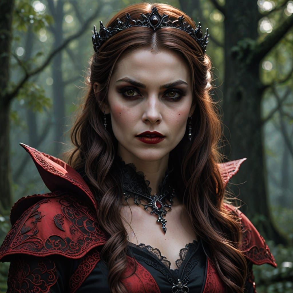 Dark Gothic Vampire Queen in Red and Black Attire - AI Art