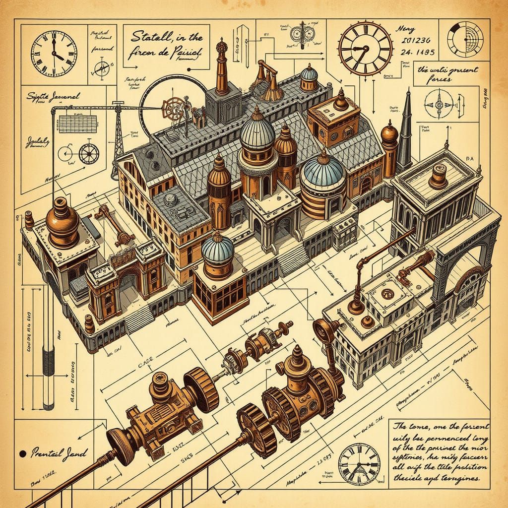 Engineering Schematics - Steampunk City Blueprint in Vintage...