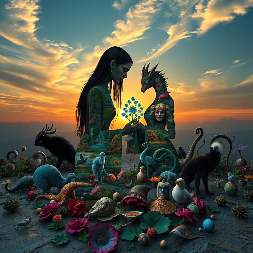 Surreal Fantasy Creatures in a Dreamlike Sunset La... - AI Art