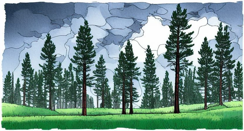 Comic book illustration of pine trees on a stormy day. cell shading ...