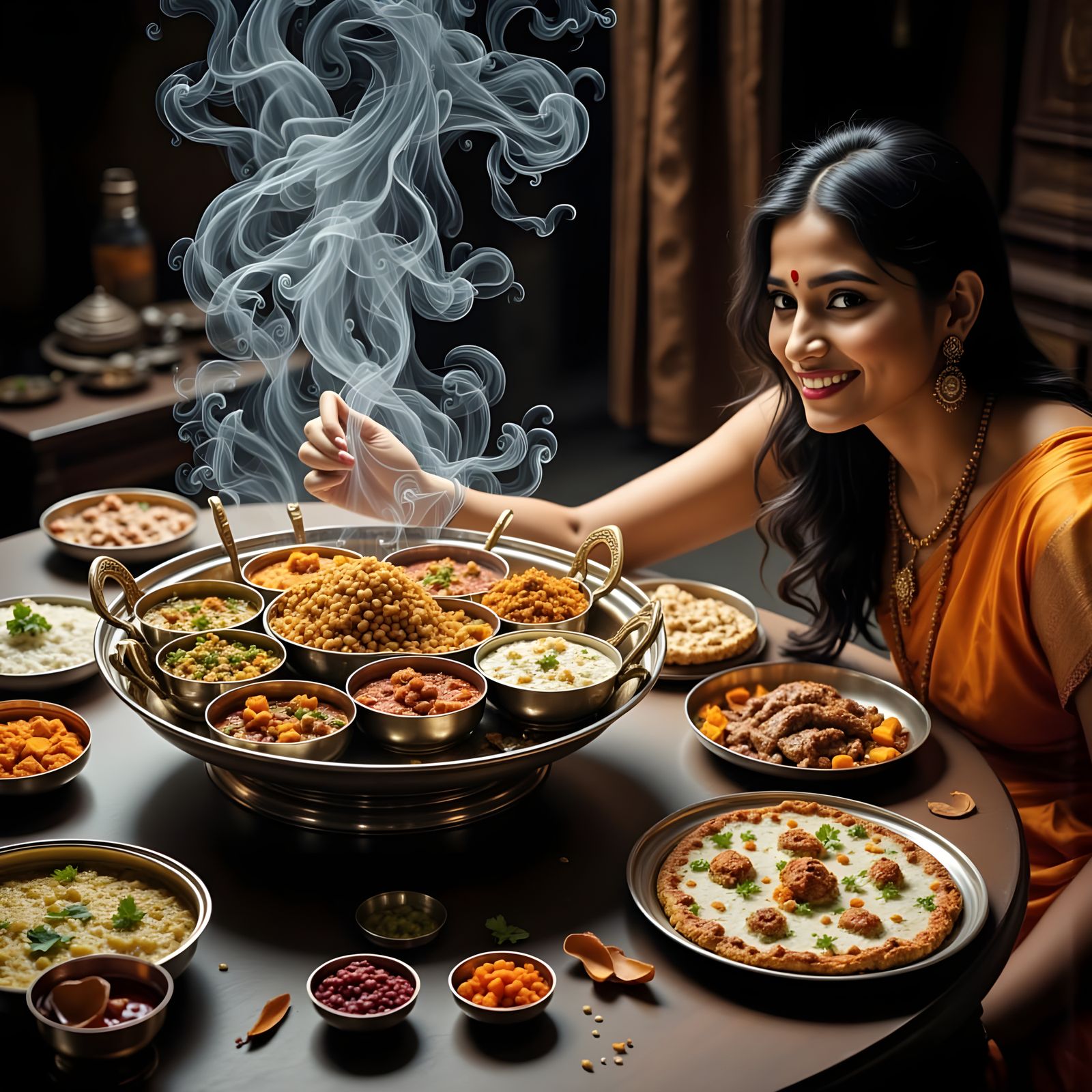 An elaborate Indian Thali - Vibrant Indian Feast in Warm Gol...