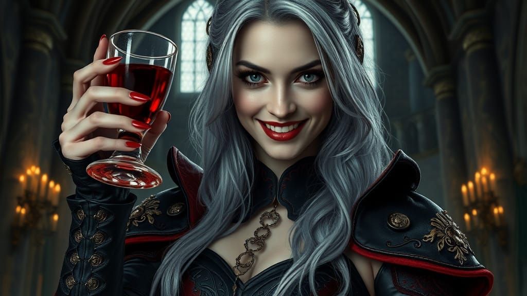 Ethereal Vampire Maiden in Crimson Velvet and Silv... - AI Art