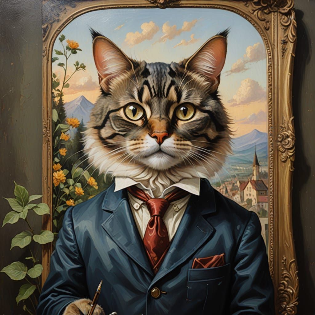 Feline Artist at Work in Whimsical Oil Painting - AI Art