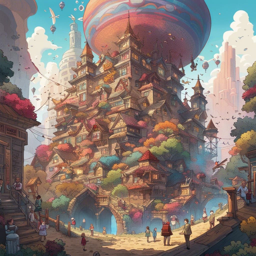 A giant colourful rainbow dragon village, growing out of a painted sea ...