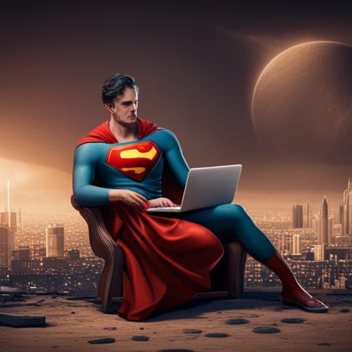 superman sit in a chair, chatting with chat gpt using macbook - AI ...