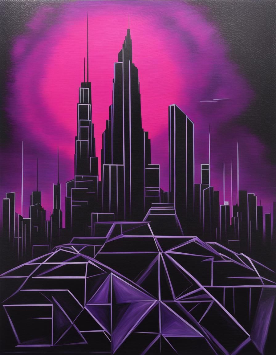 geometrical black skyline, acrylic painting, purple, synthwave - AI ...