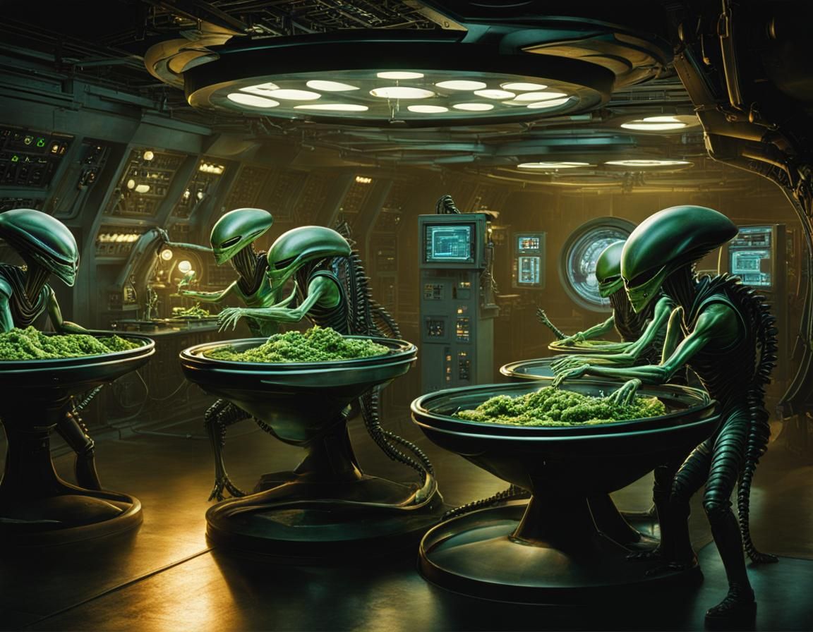 (Aliens disecting:1.5) a (human body:1.4) in an (alien lab:1.3 ...