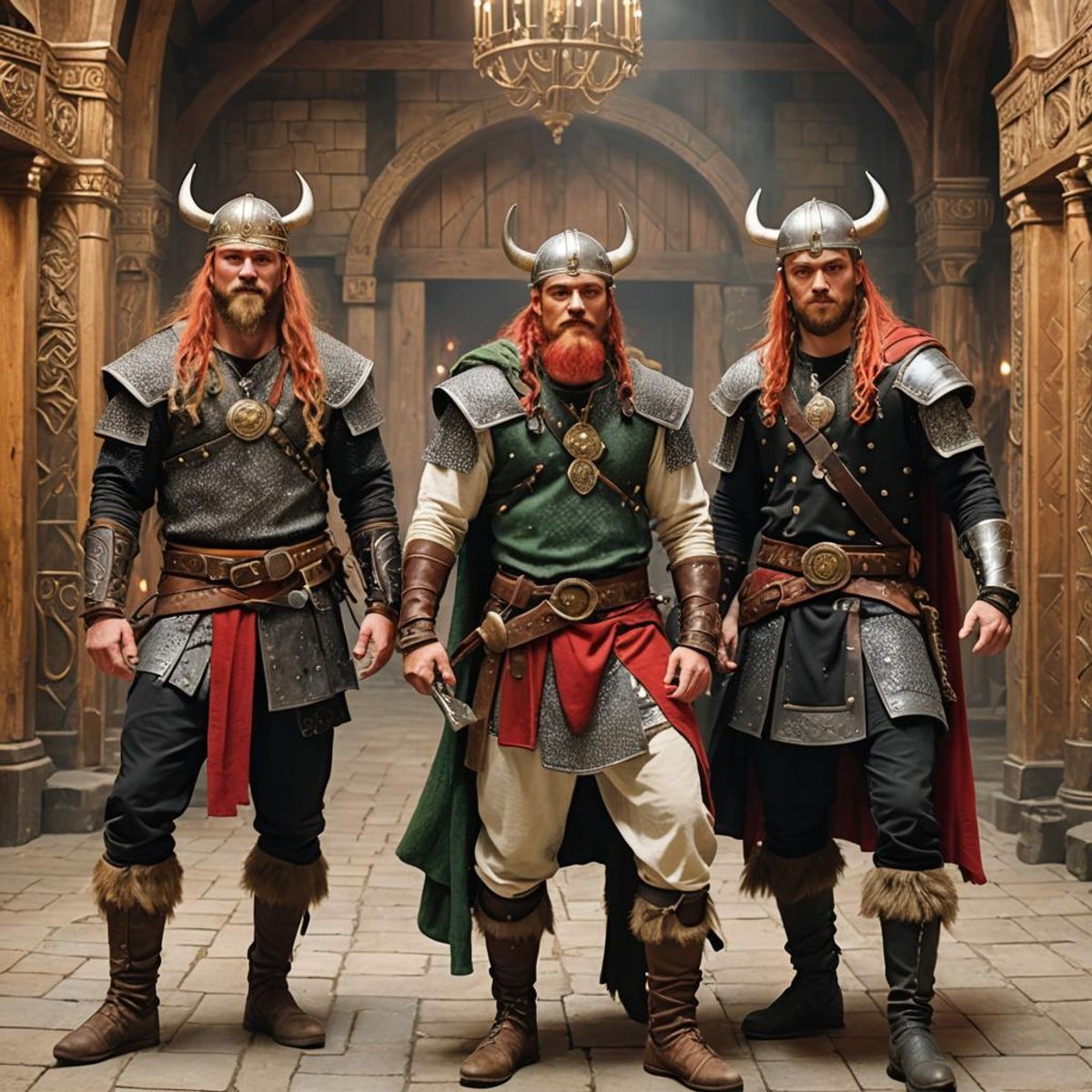 Three young Viking warrior men with red, black and white hair. The ...