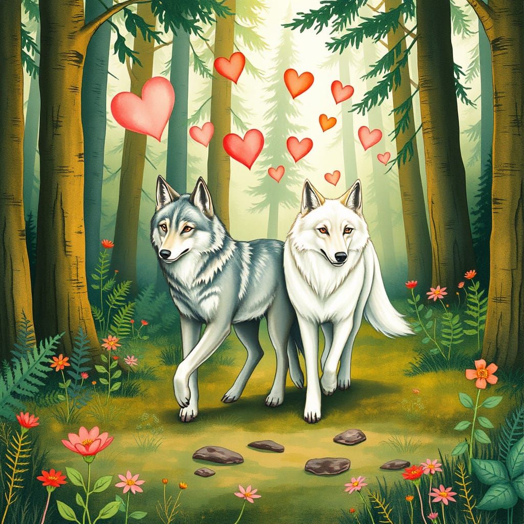 Whimsical Wolves in a Forest Wonderland - AI Art