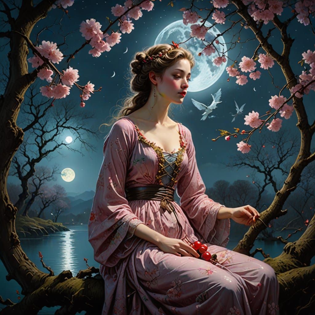 Moonlight and Cherry Trees - Dreamy Cherry Blossoms Under St...