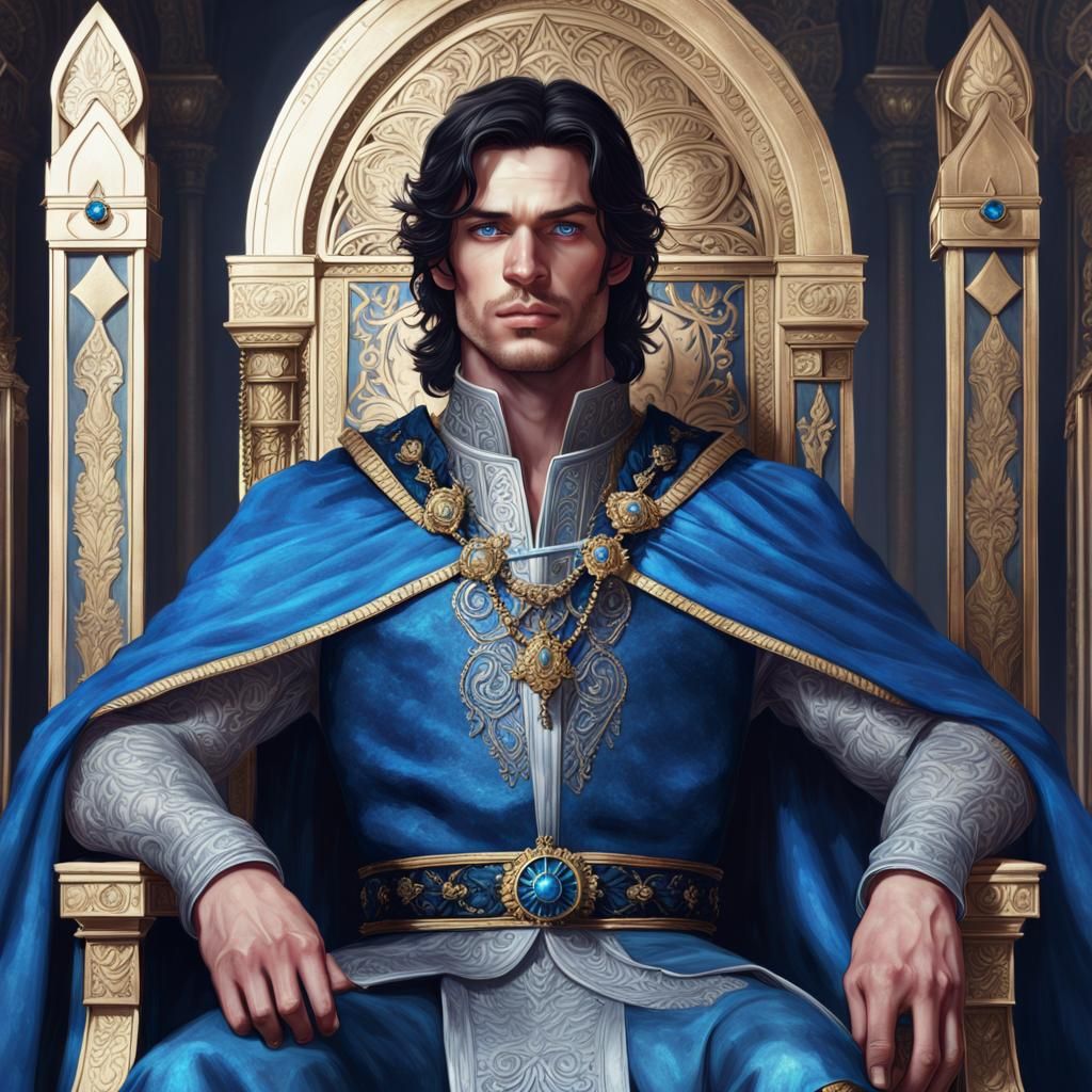 a handsome young prince with black hair and blue eyes sitting on the ...