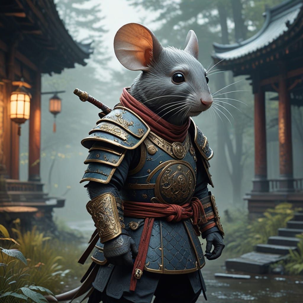 Lord Chushitsuna Chuhashi - Majestic Samurai Mouse in Foggy ...