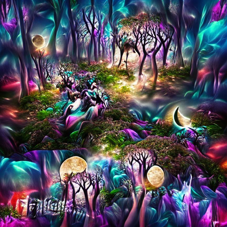 Psychedelic Beautiful Fantasy Moonlit Forest glade Maximalist Photo ...
