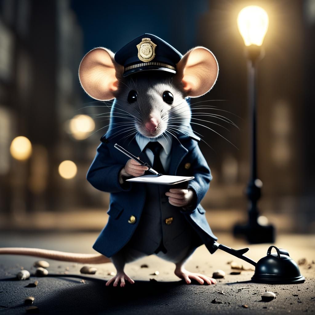 Photograph, hyperrealistic, mouse wearing a detective suit holding a ...