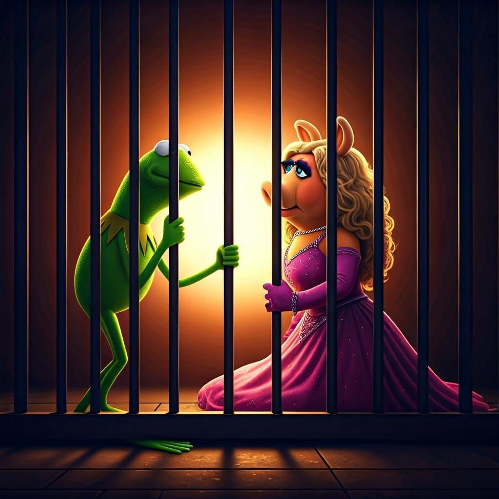 Kermit and Miss Piggy in Cinematic Jail Cell - AI Art
