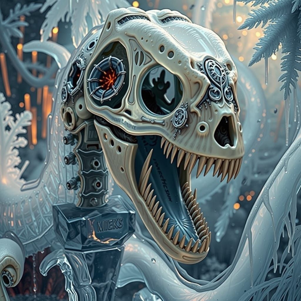 Frozen Raptor Skull Ice Sculpture in Ethereal Blue... - AI Art