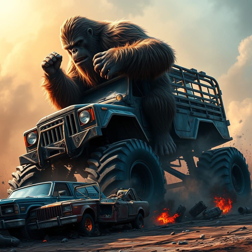 Sasquatch Rides Bigfoot Monster Truck in a Fantast... - AI Art