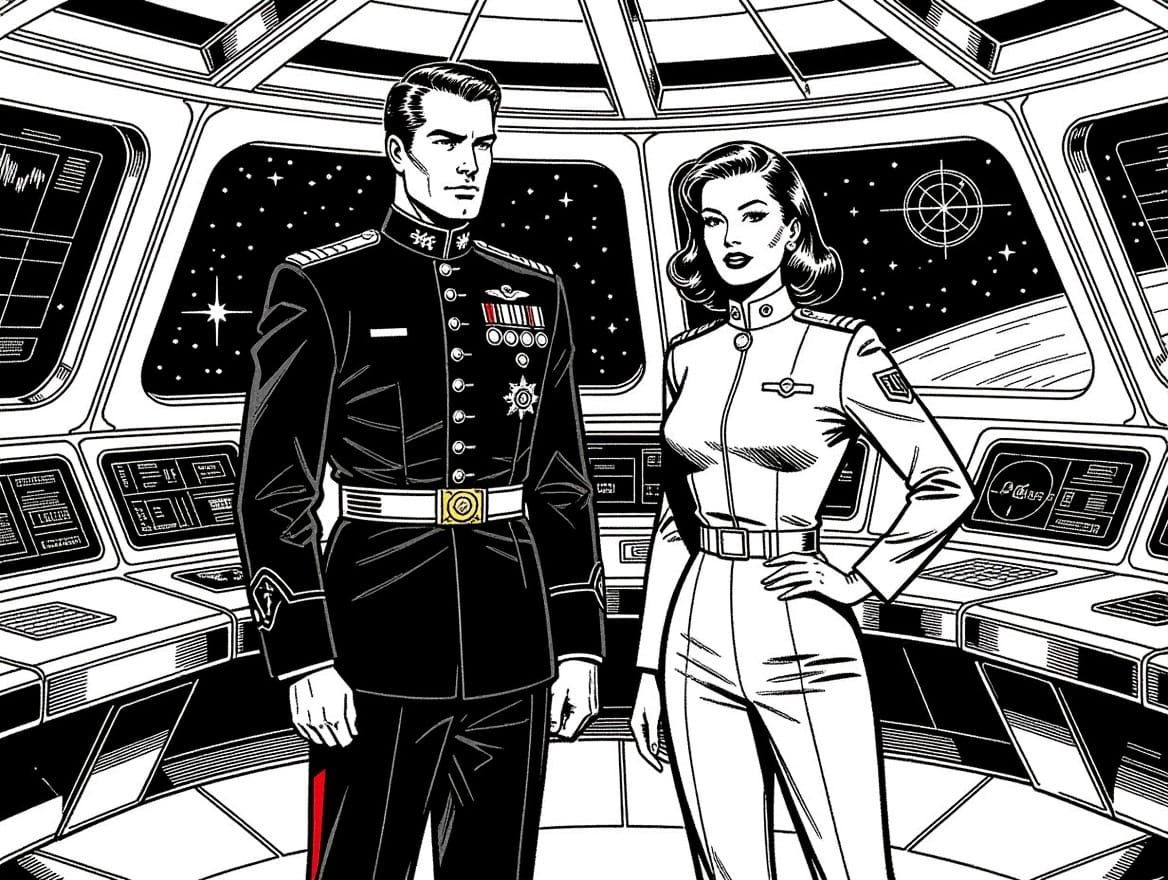 Classic Sci-Fi Line Art of Starship Commanders in ... - AI Art