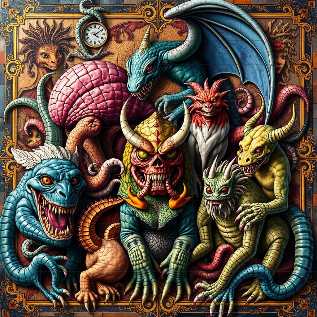 Monster Mosaics - Vibrant Whimsical Mosaic Artwork with Myth...