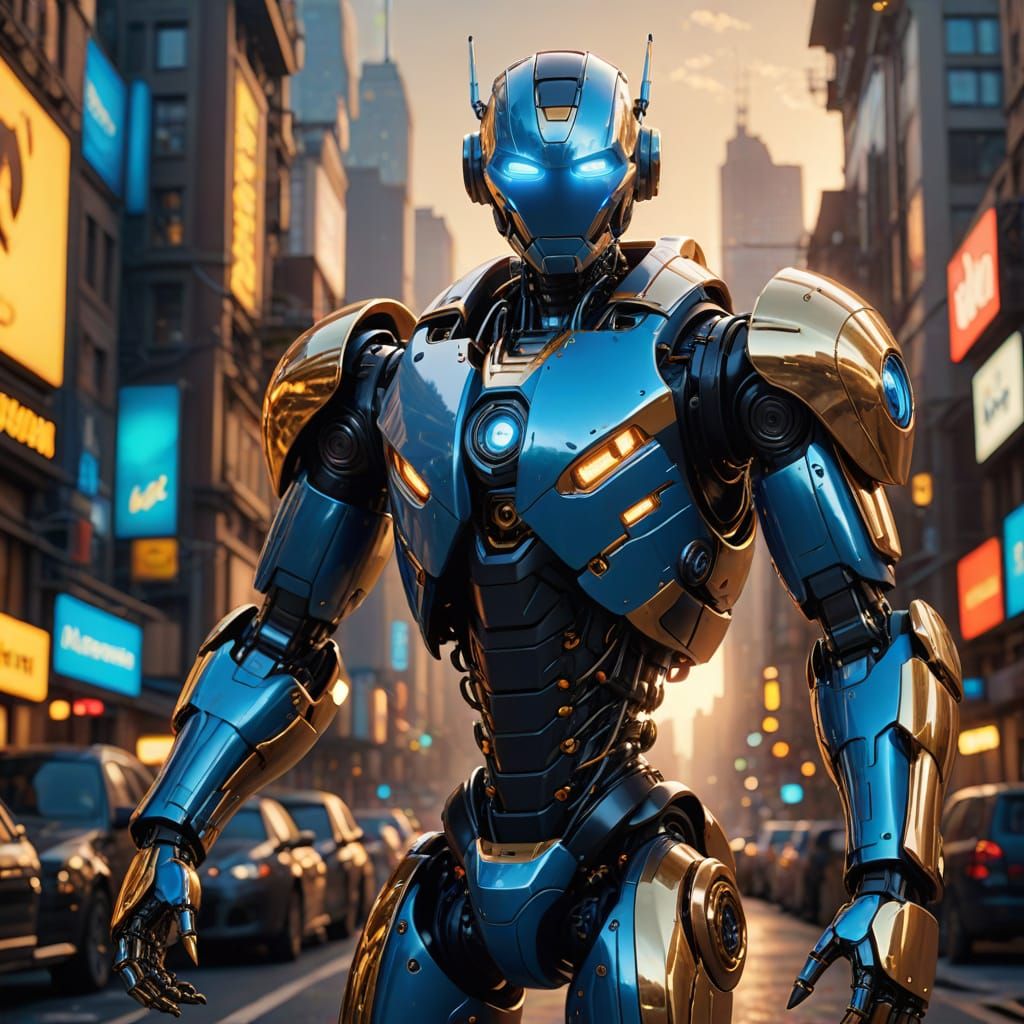 Heroic Robot Leader in Vibrant Cityscape - AI Art