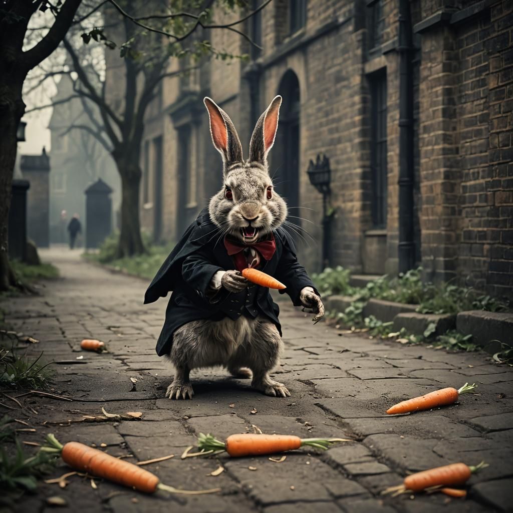 a vampire rabbit attacking a carrot in the old london of 1880 ...