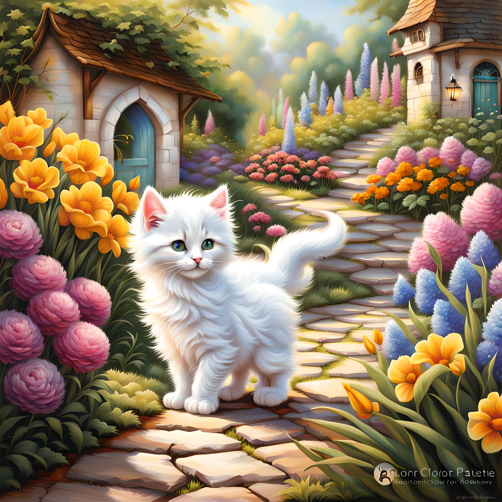 Beautiful white fluffy Fantasy kitten, garden path, art by Brian monde, garden path - AI ...