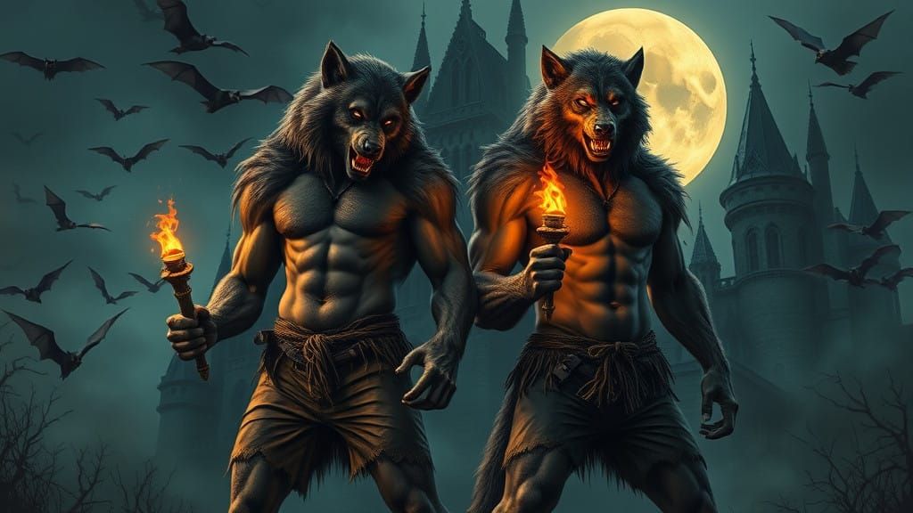Two Werewolf's - Muscular Werewolves Stand Proud Before Dark...