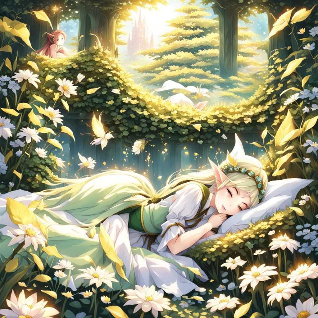 The elf princess fell asleep in her secret garden with her little and ...