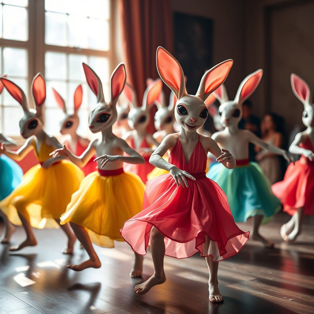 A vibrant troupe of rabbit-based alien dancers in mid-performance