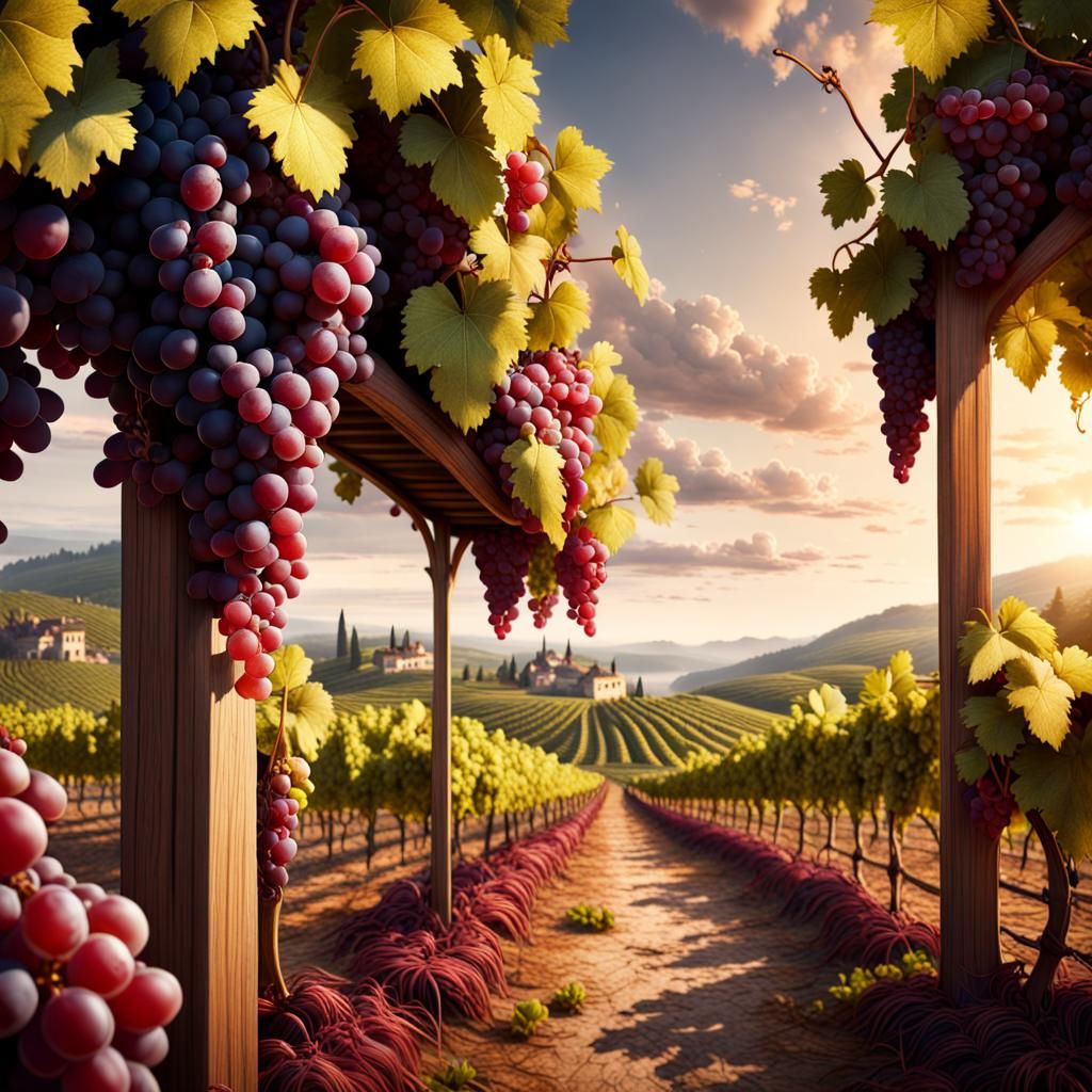 a composition featuring a vineyard at the peak of its harvest, with ...
