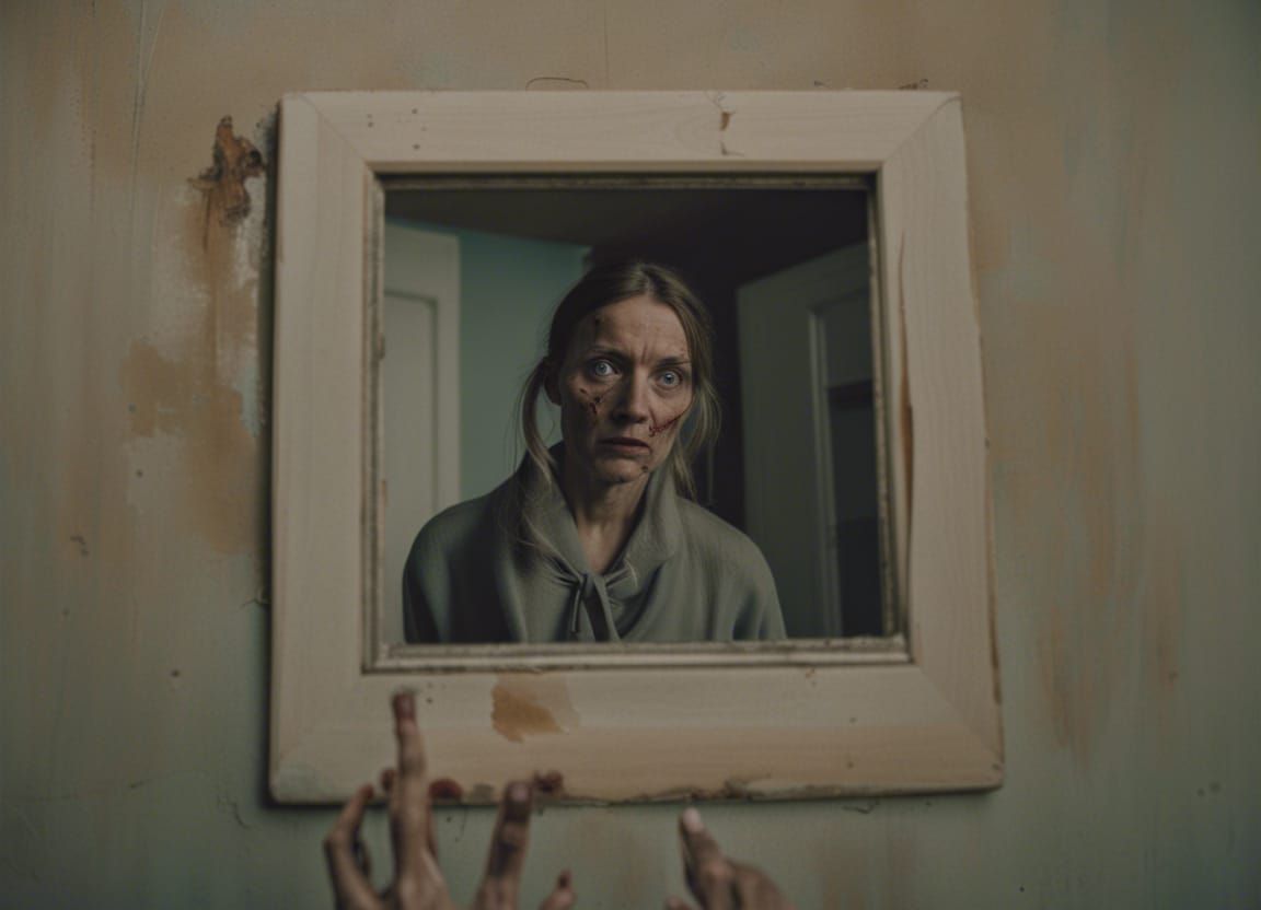 A woman looking into a mirror and seeing a terrifying scary face that ...