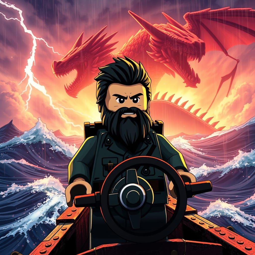 Stoic Soldier Battles Stormy Seas as Dragon Emerge... - AI Art