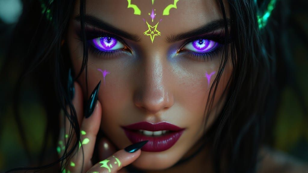 Ethereal Goddess with Violet Eyes and Glowing Rune... - AI Art