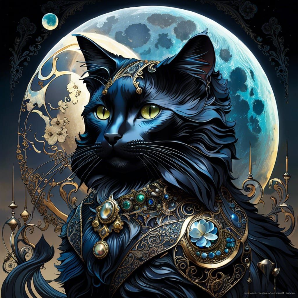 """Extremely detailed complex "shiny obsidian onyx Filigree Calico cat ...