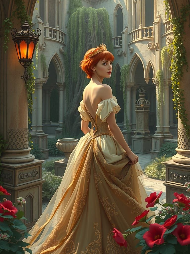 Regal queen with short red hair, adorned in a revealing gown, striding gracefully in the ancient ...